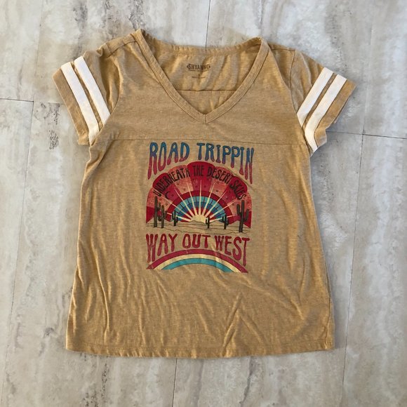 Shyanne | Tops | Shyanne S Tan White Graphic Athletic Ringer T Shirt ...